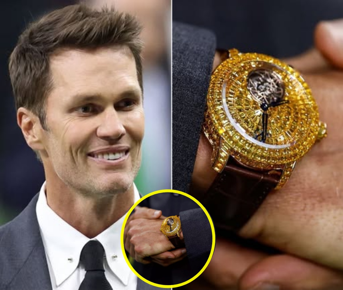 Former NFL quarterback Tom Brady wears a $740,000 watch as he makes his Super Bowl 2025 debut in ...